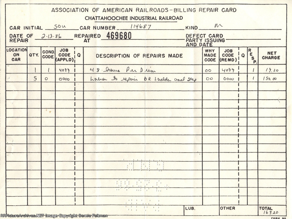 Association of American Railroads Billing Repair Card for Southern Railway pulpwood car #114687